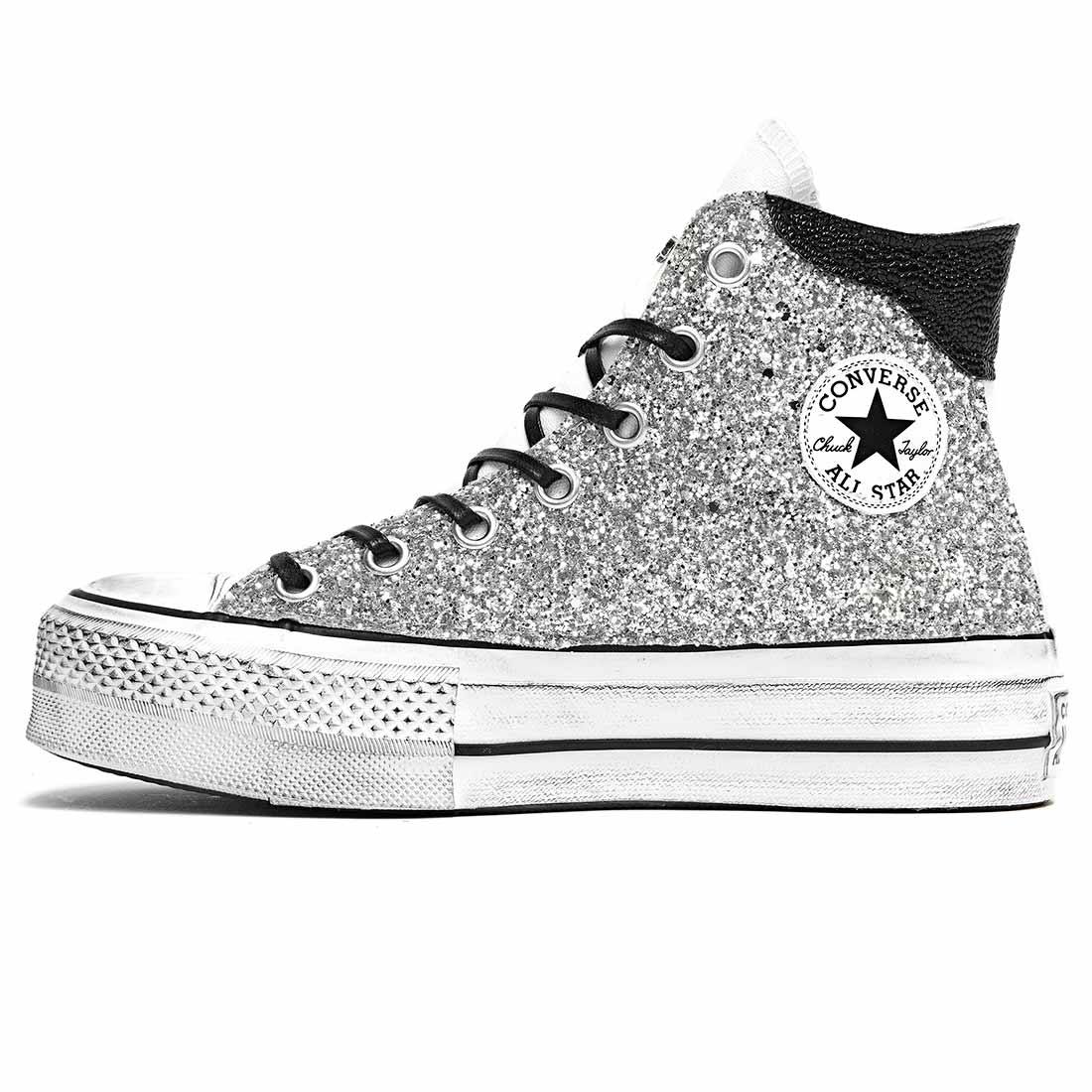 Converse All Star Alte Platform Glitter Argento e Stella Nera ...